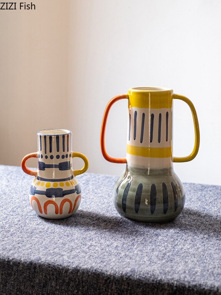 Creative ceramic vase Abstract color graffiti handle Handmade Art flow ...