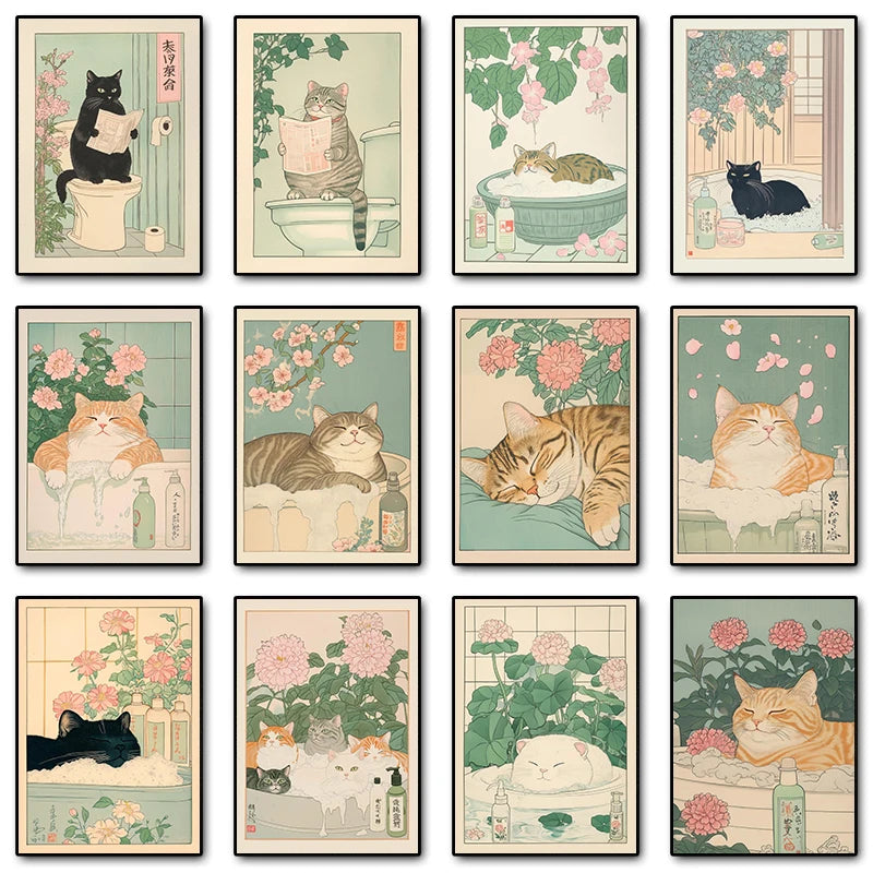 Japanese Tabby Cat in Bathtub Poster Prints Canvas Painting Retro Aest ...