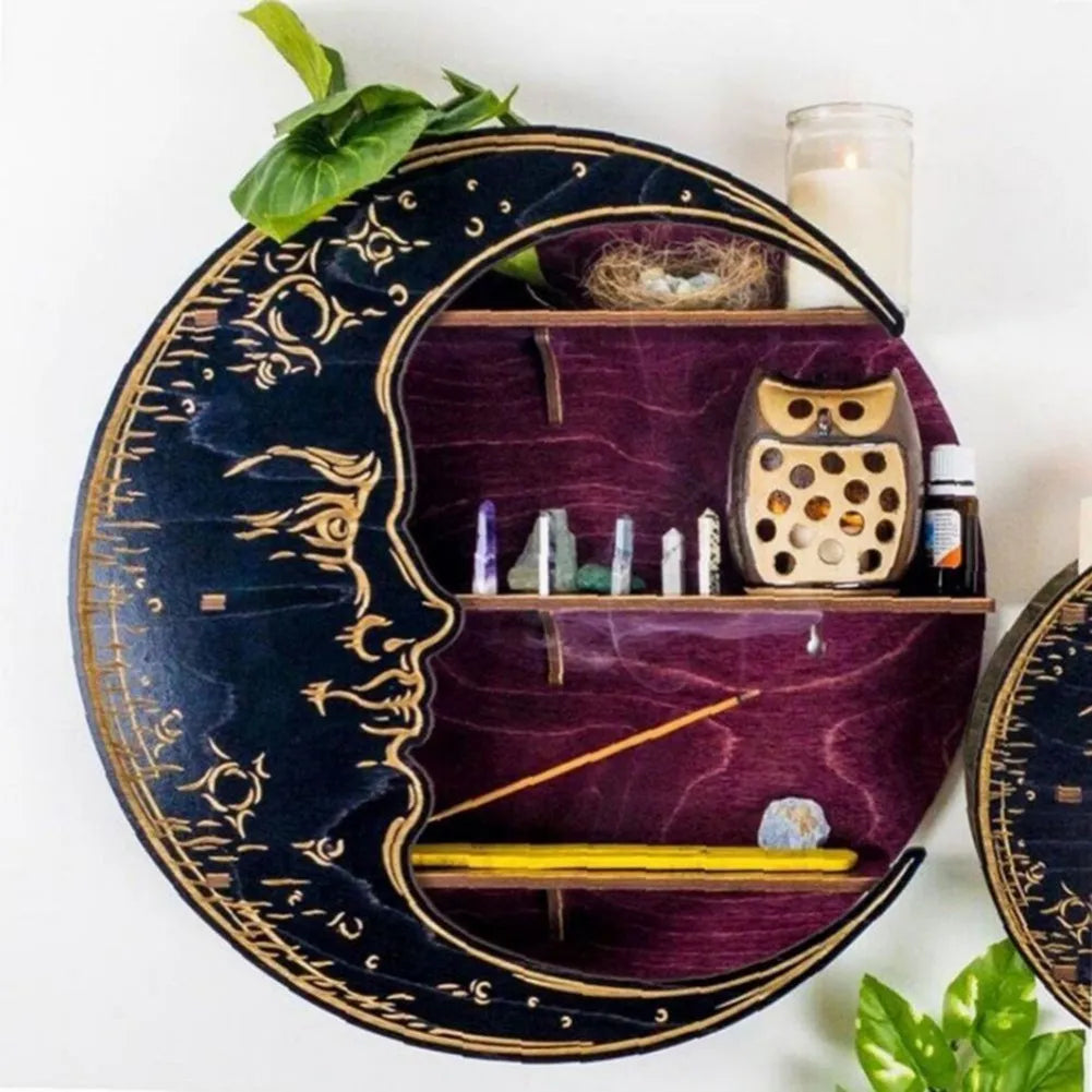 Wooden Moon Shelf Wall Hanging Storage Rack Bedroom Home Decor for Cry ...